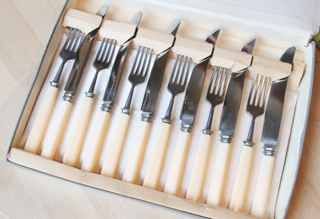 CUTLERY SET Vintage/ Set of 6 Forks and Knives in Box/ Stainless Steel ...