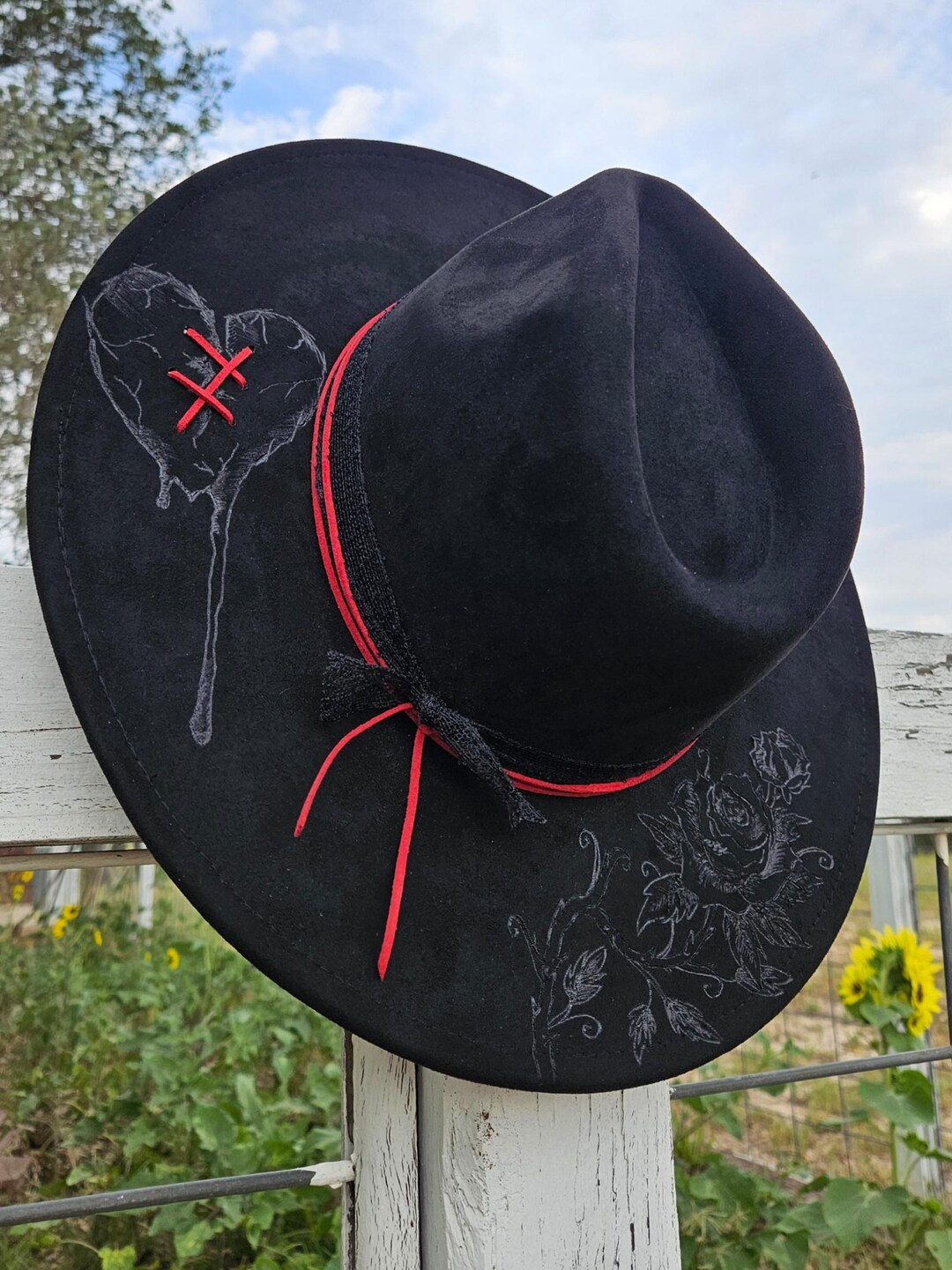 Hand Burned Adjustable Wide Brim Fedora Hat - Bad Blood Broken Heart - Etsy