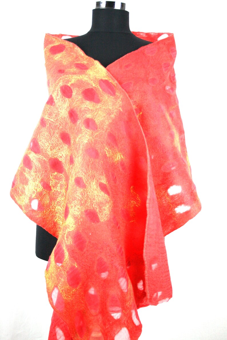 Coral Felted Scarf Nuno Felted Shawl Red Felt Shawl Gold - Etsy