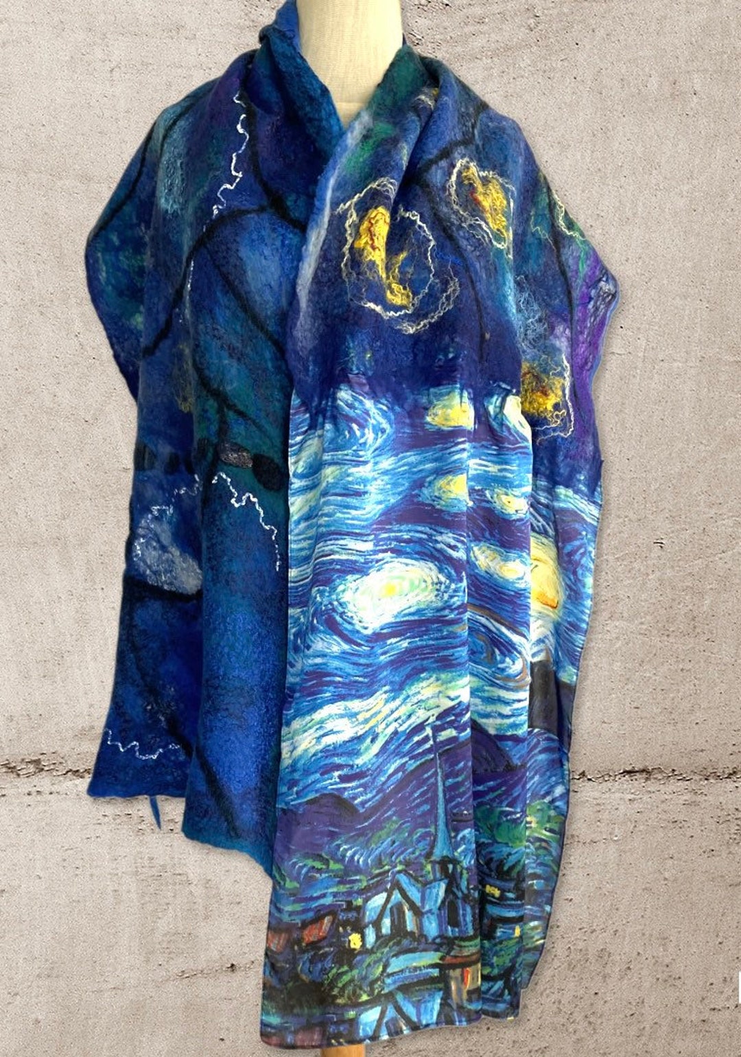 Van Gogh Starry Night Scarf, Nuno Felted Shawl, Art Paint Silk Scarf ...