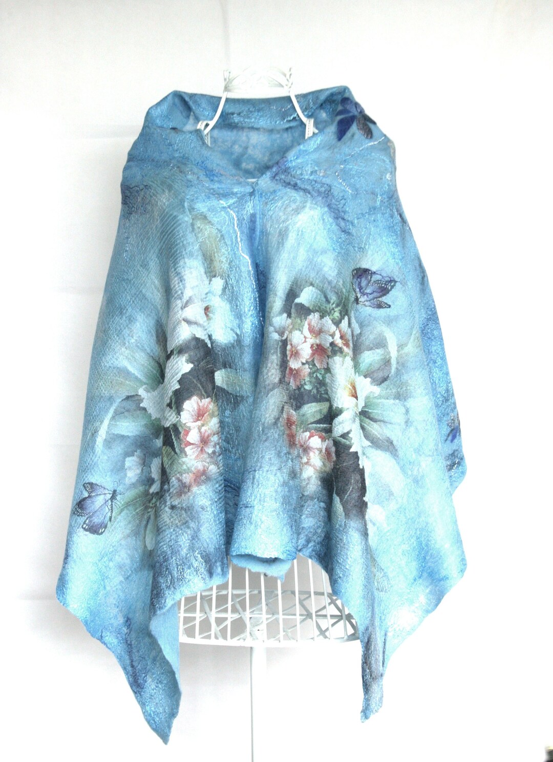 Blue Floral Pashmina: Nuno Felted Merino Wool Silk Shawl - Etsy
