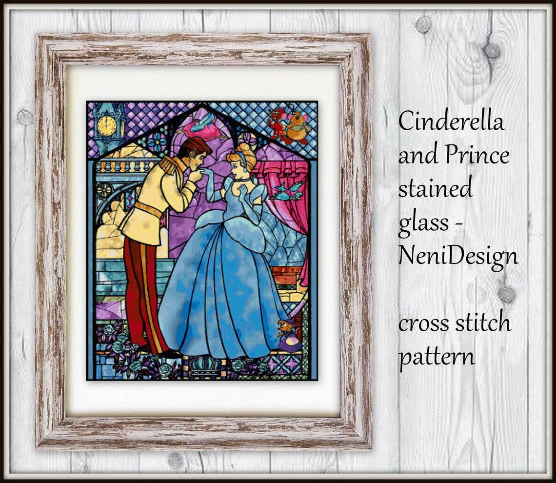 Cinderella and Prince stained glass cross stitch pattern | Etsy