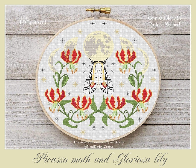 Picasso Moth and Gloriosa Lily Cross Stitch Pattern Moth Cross Stitch ...