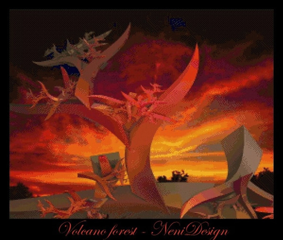 Volcano Forest, Cross Stitch Pattern, Cross Stitch Volcano, Volcano ...