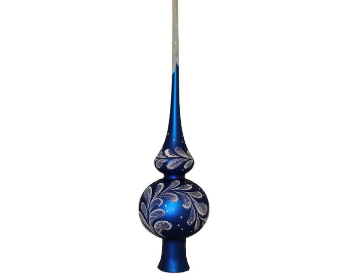 Glass Spire Tree Topper, Blue Glossy, White Silver Accents, Christmas ...