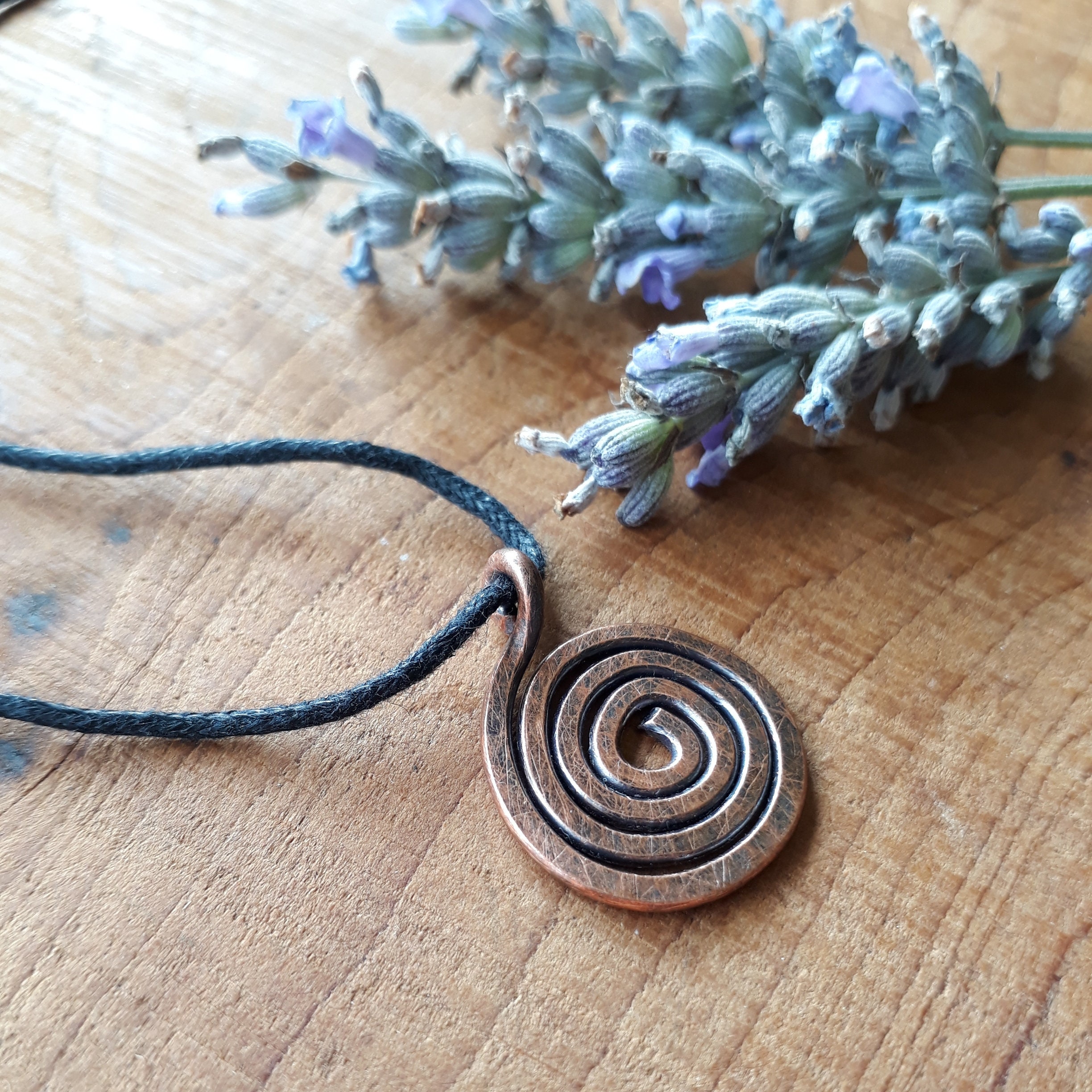 Copper Spiral Pendant, Necklace on Black Cord, Handmade Jewellery ...