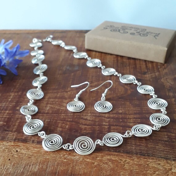 Silver Jewellery Set Necklace and Earrings Handmade Spiral | Etsy UK