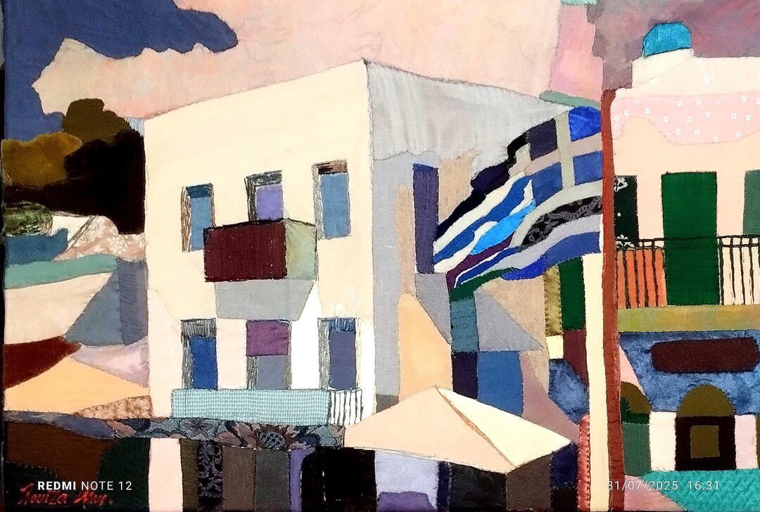 Under the Greek Flag - Milos - Island - Unique Work - Fabric Art ...