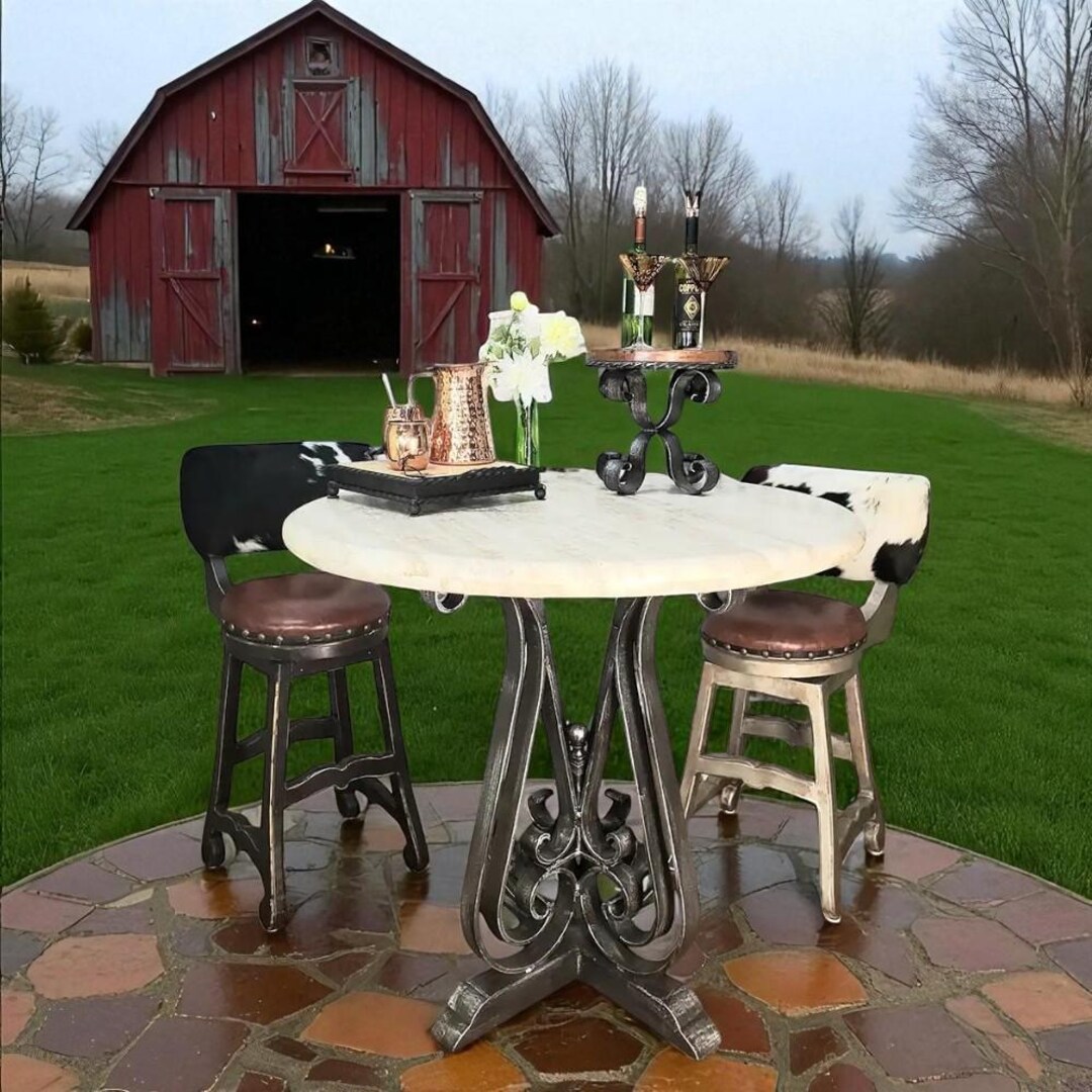 48" Round Travertine Pub Table - Stone Top & Iron Base - Etsy