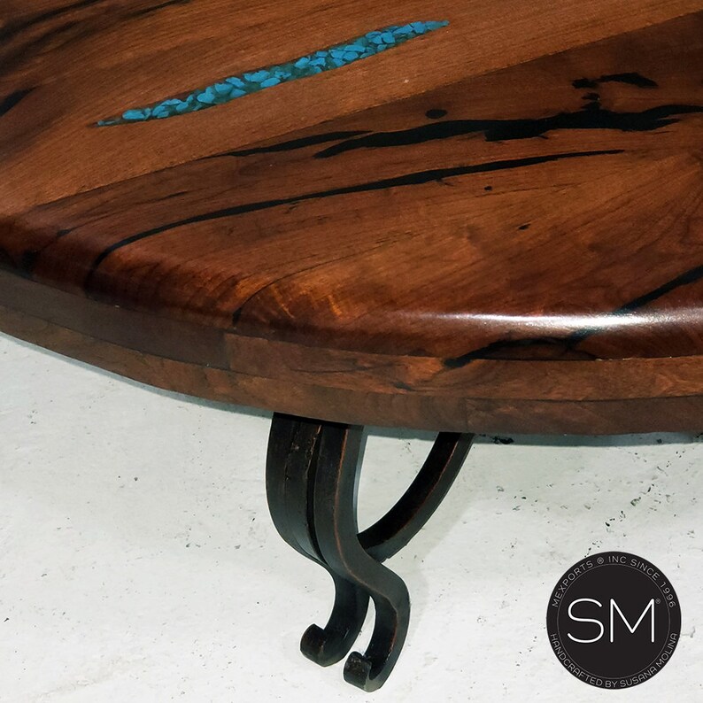Rustic Farmhouse Round Mesquite With Turquoise Inlay Coffee Table and ...