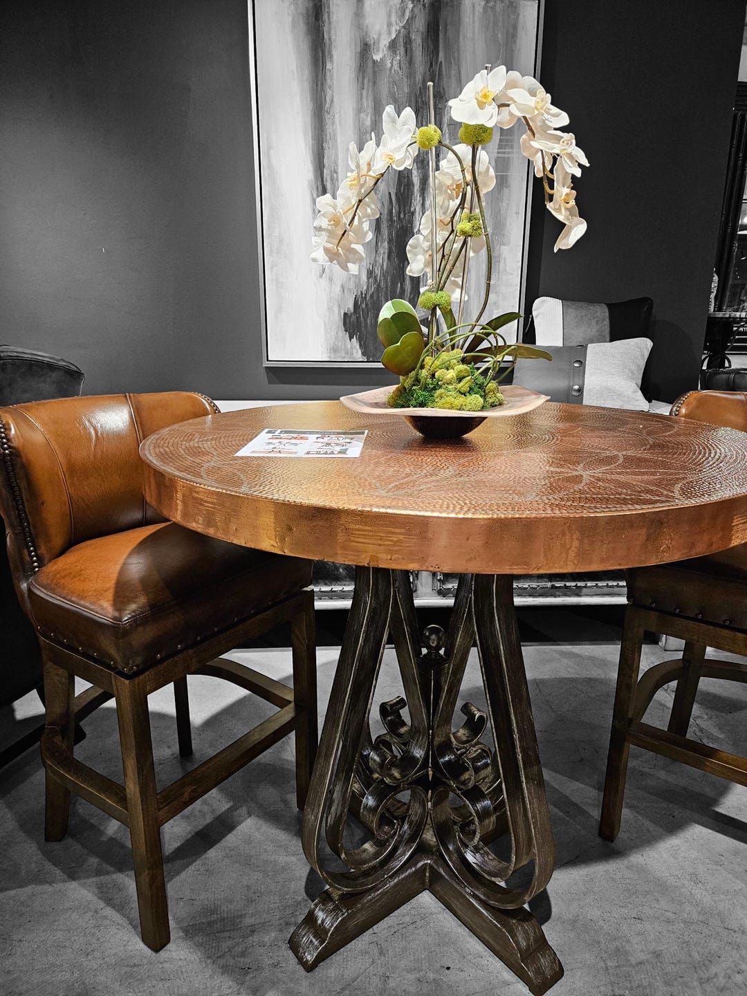 48" Round Natural Copper Bar Table - Floral Engraved Hammered Copper ...