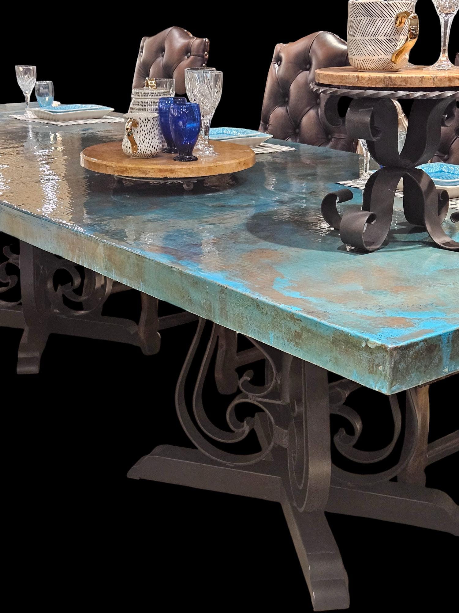 Rustic Double Pedestal Wrought Iron Dining Table With Rectangular ...