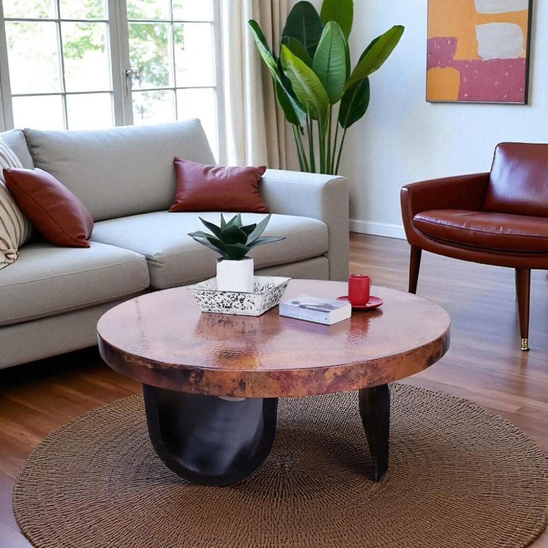 Hand-hammered Copper Coffee Table: Rustic Modern Wrought Iron Base, 48 ...