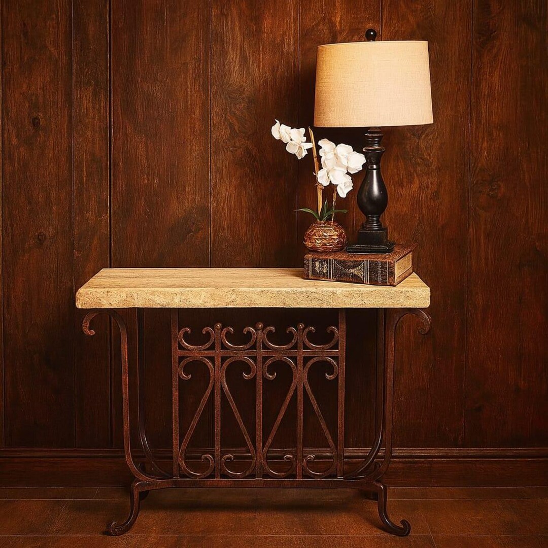 Cream Chiseled Travertine Console Table With Hand-forged Wrought Iron ...