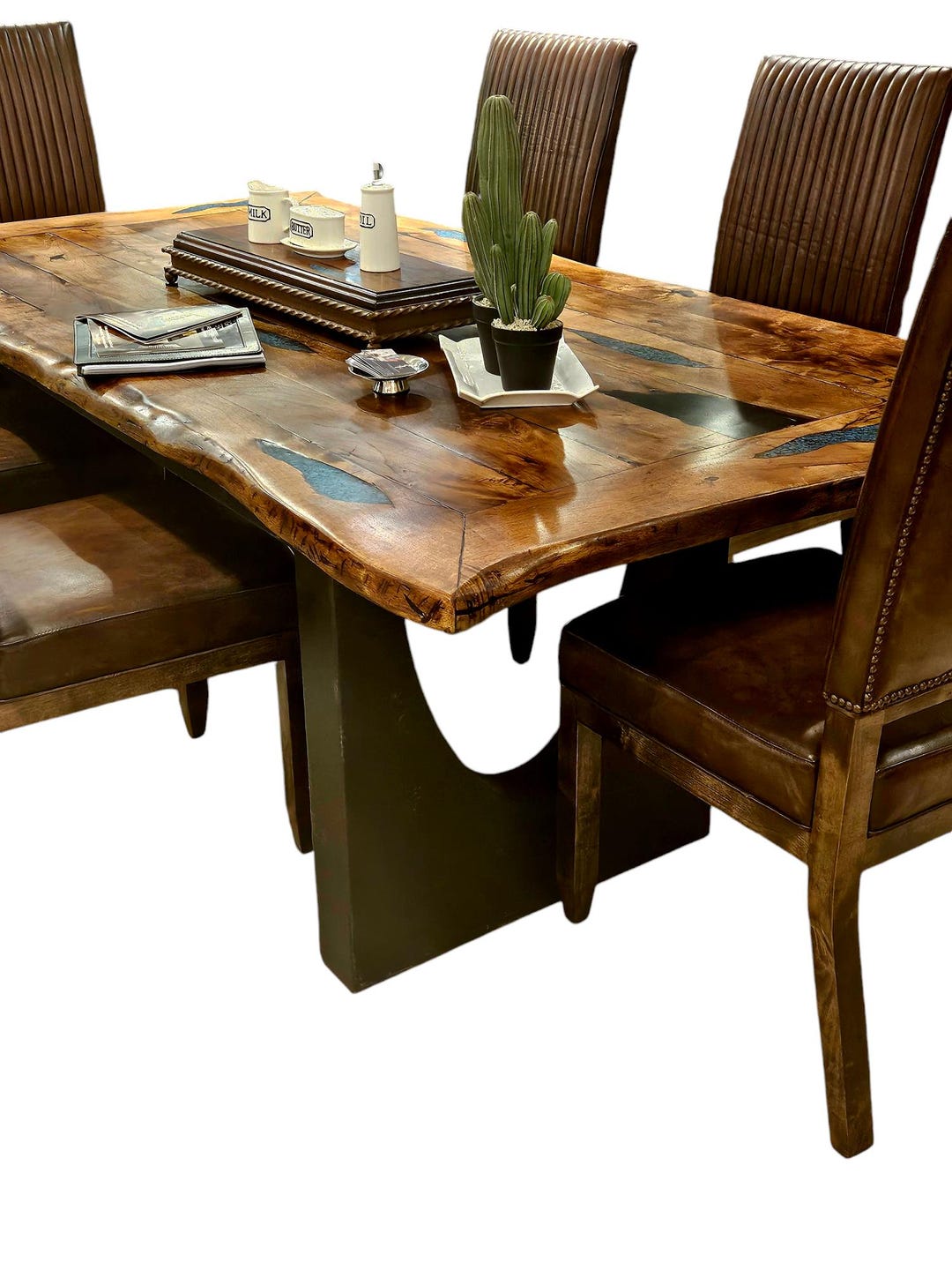 Rustic Live-edge Rectangular Mesquite and Turquoise Inlay Dining Table ...
