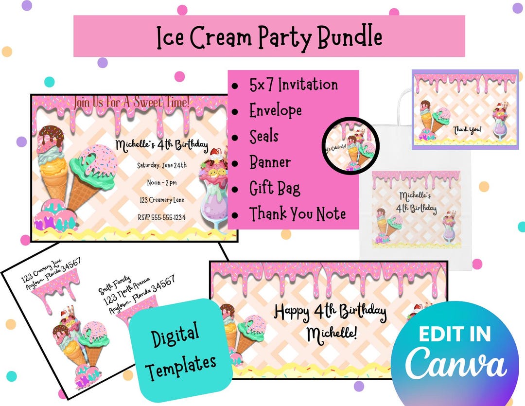 Ice Cream COMPLETE BUNDLE: Invitation, Envelope, Seals, Thank You Note ...