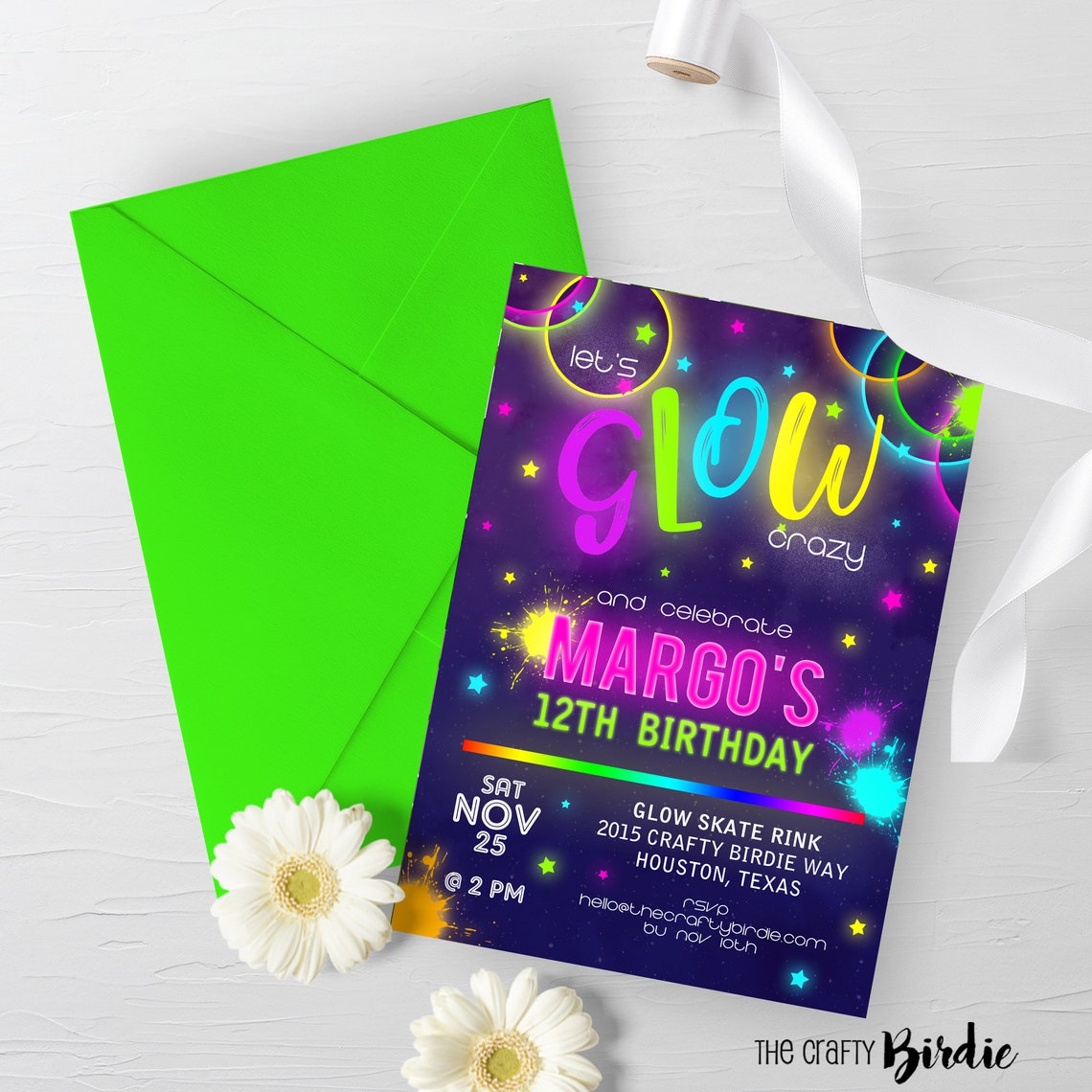 Glow Birthday Invitation, Neon Glow in the Dark Party, Teen Girl ...