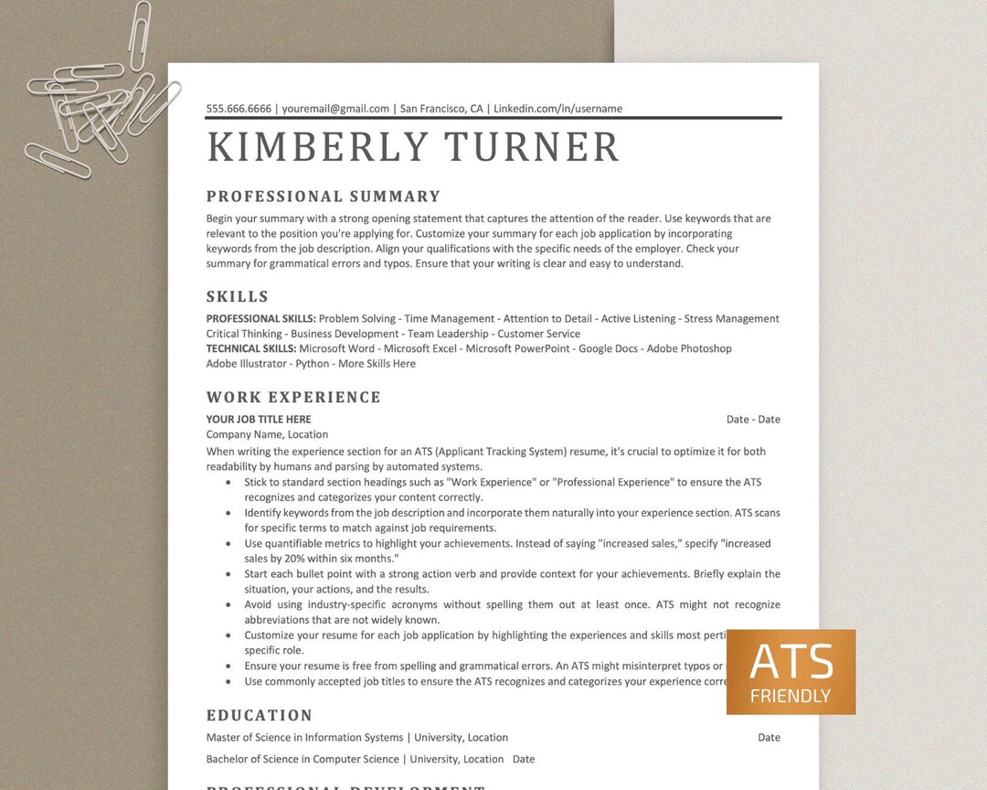 Buy ATS Friendly Resume Template for MS Word, Simple CV Template Word ...