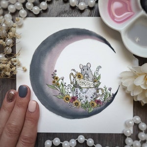Teacup Mouse Art Print / Wildflowers / Wall Decor / Moon Art / - Etsy