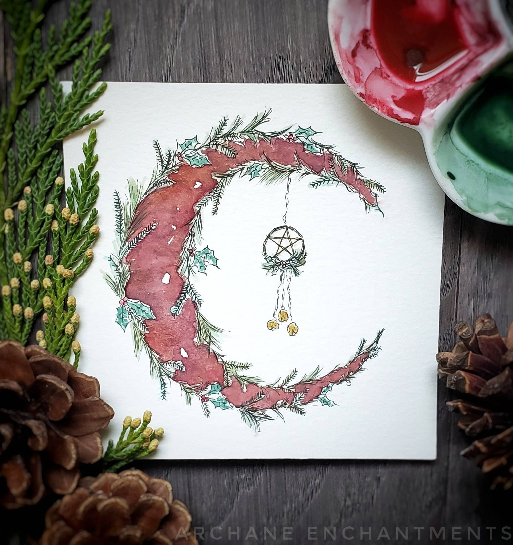 Yule Wreath Painting / Art Print / Moon Decor / Moon Painting / Yule ...