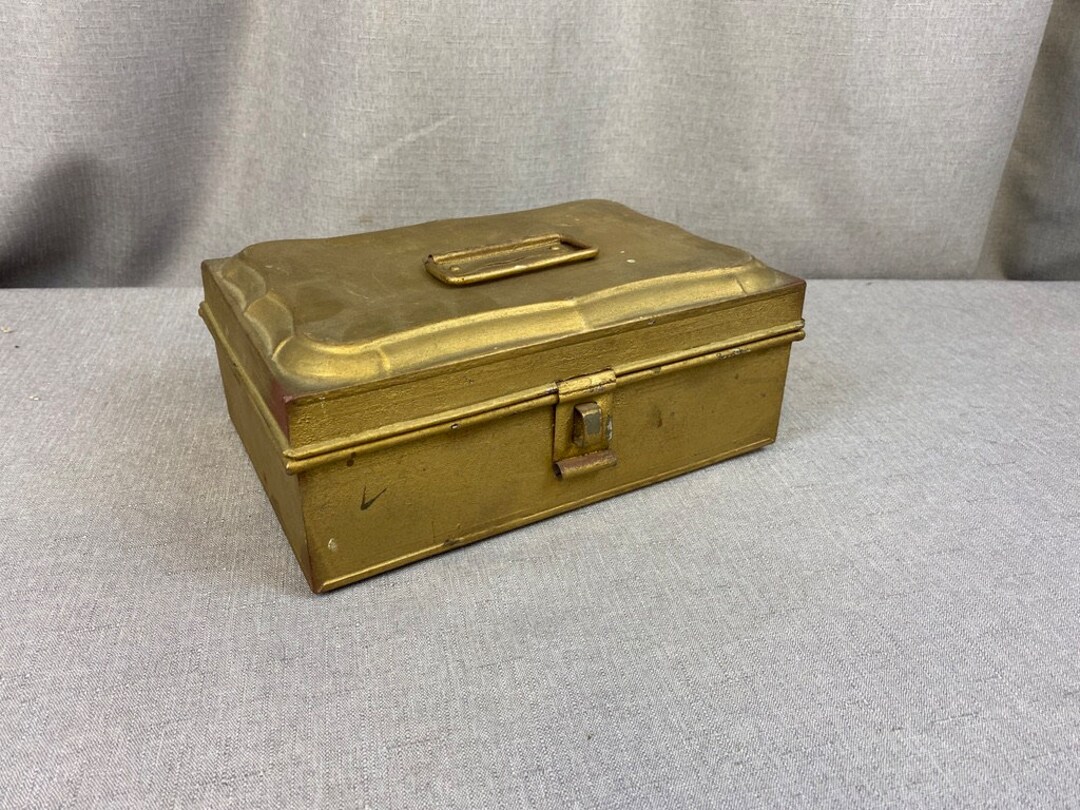 Vintage Gold Painted Tin Cash Box, Art Supply Box, Many Uses, Trinkets ...