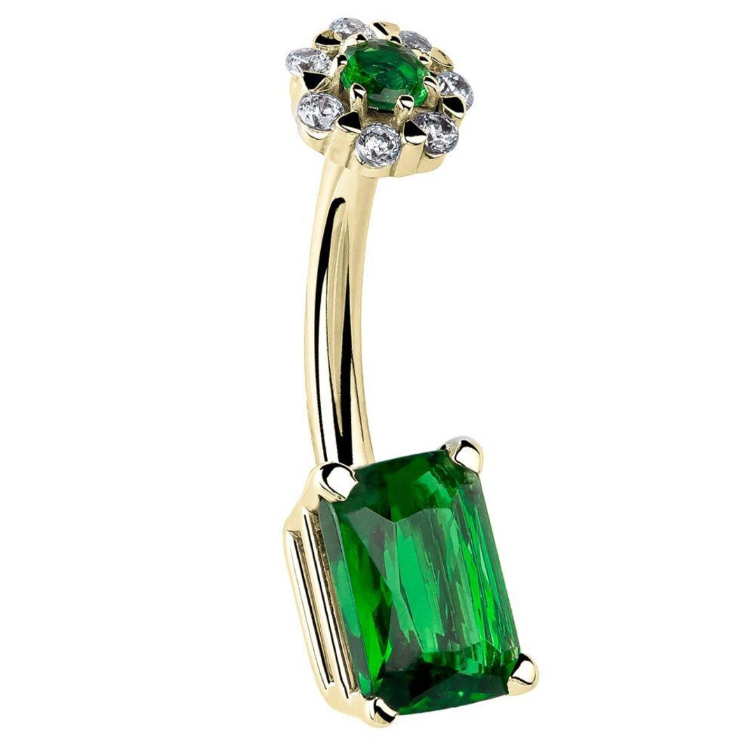 Green Daisy Flower & Emerald Cut Gem 14K Gold Navel Ring - Etsy