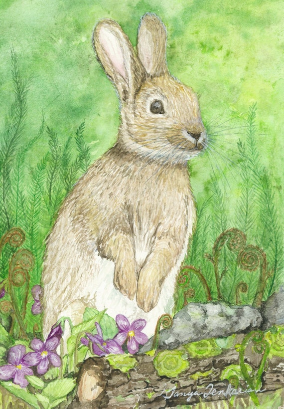 Bunny With Violets Rabbit Bunny Art Print Nature | Etsy