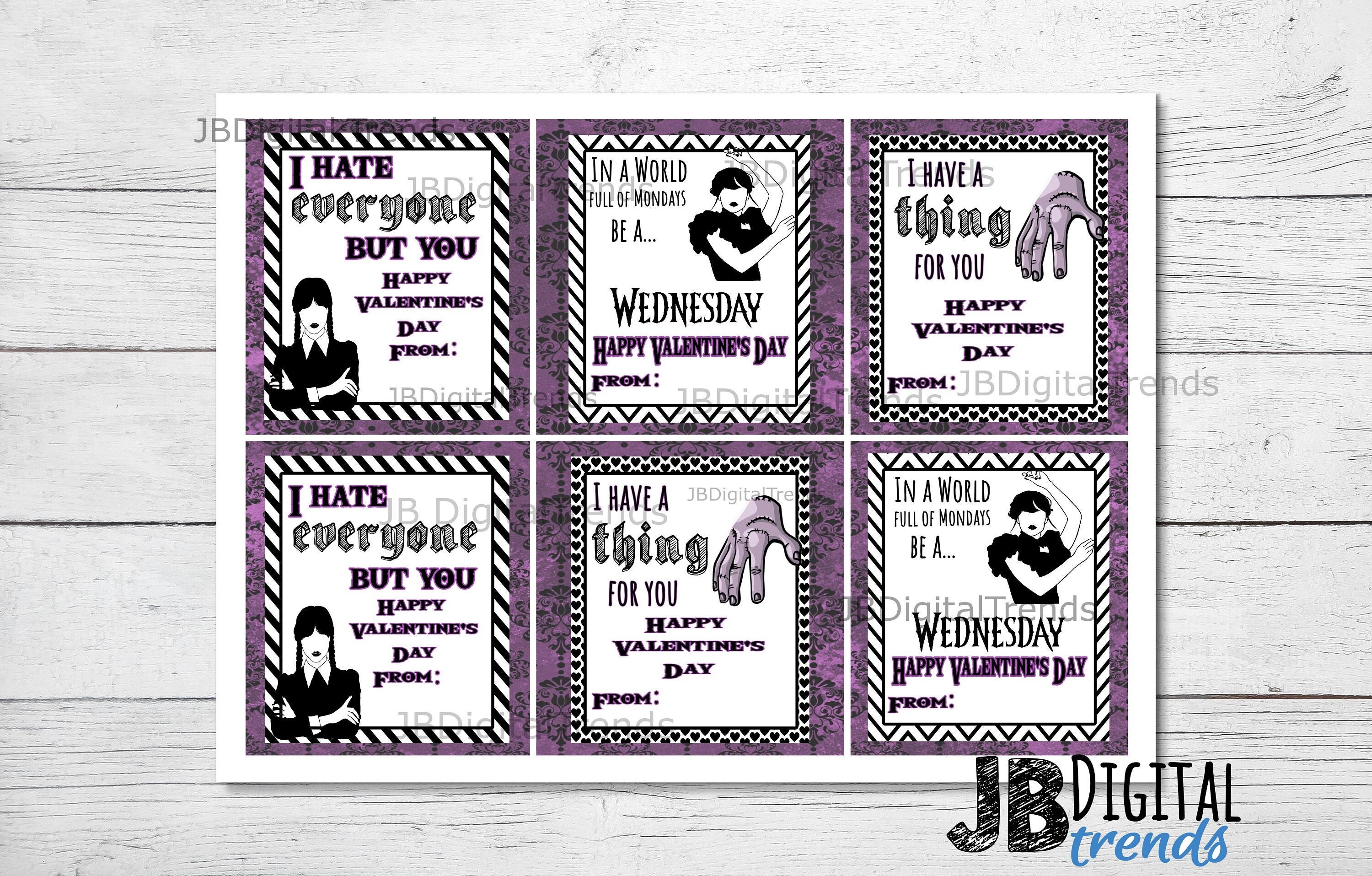 Printable Wednesday Inspired Valentines Day Cards, PDF, Instant ...
