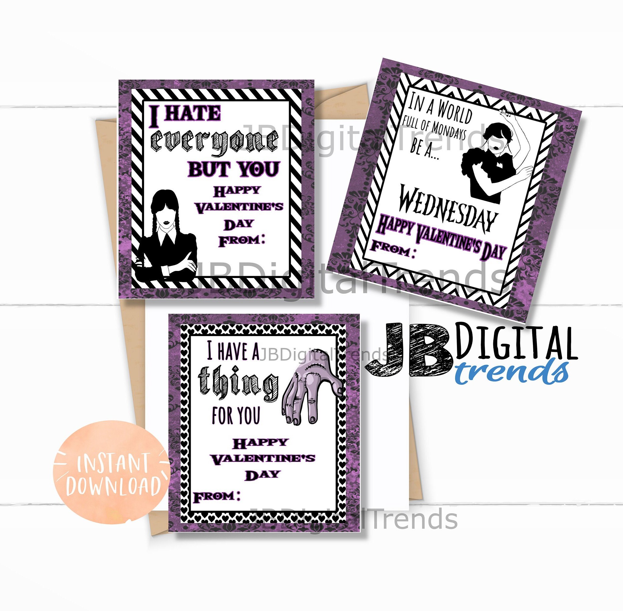 Printable Wednesday Inspired Valentines Day Cards, PDF, Instant ...