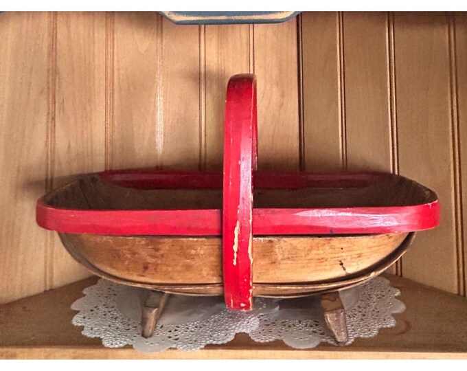 Antique Handmade Wooden Trug Garden Gathering Basket Red Handle ...