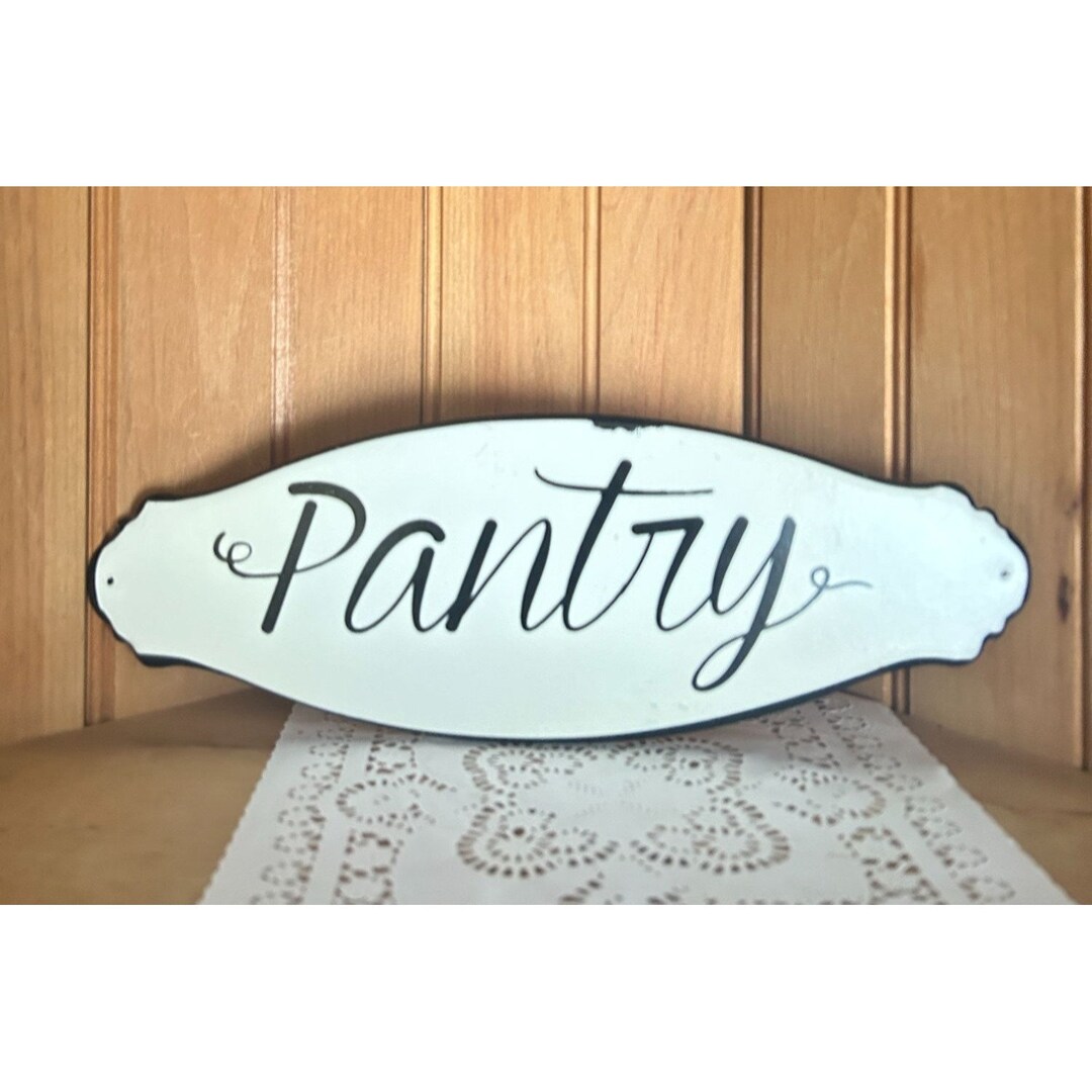 Vintage Style Pantry Tin Enamelware Sign Black White Script Letters ...