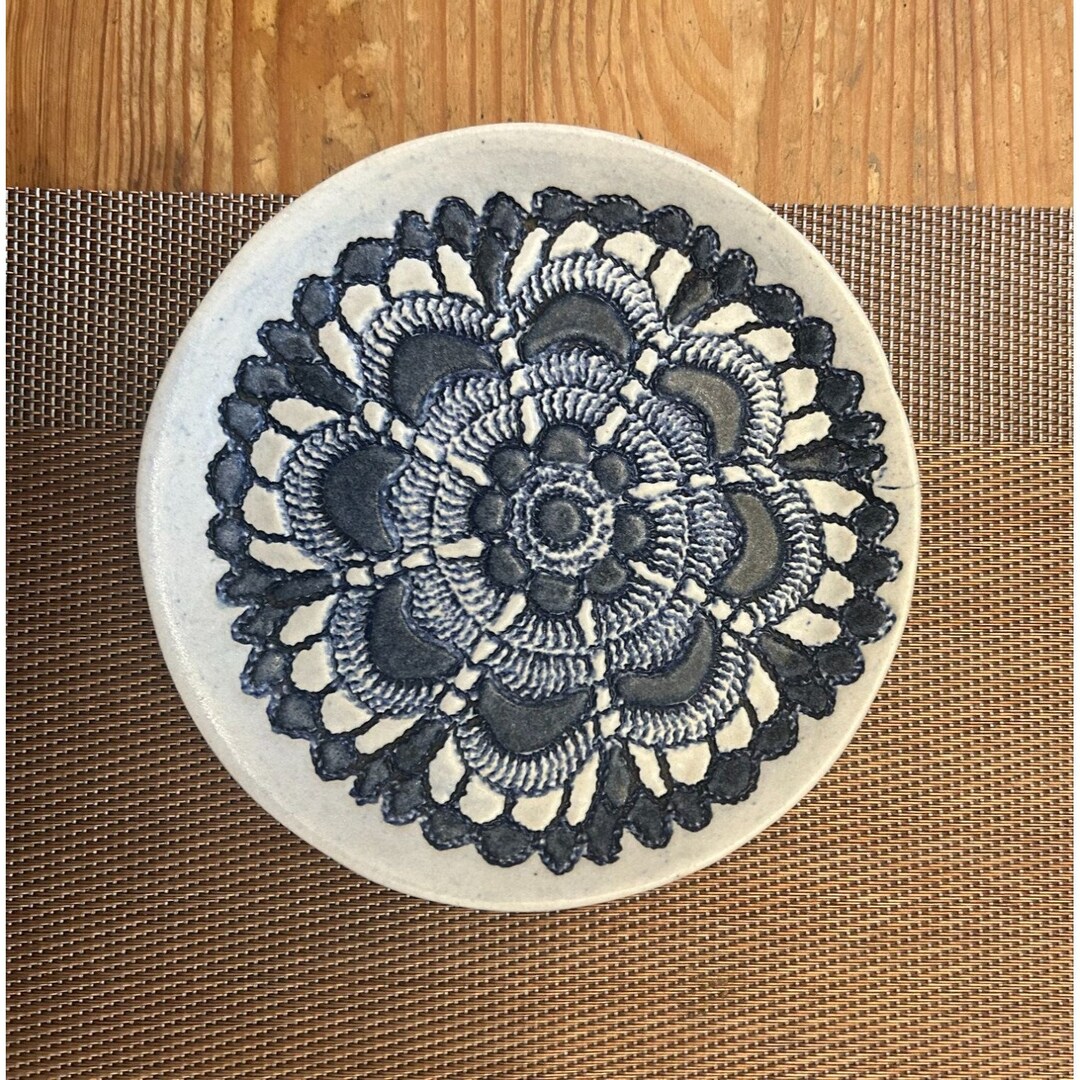 Vintage Studio Hand Crafted Pottery Blue White Lace Doily Clay Artist ...