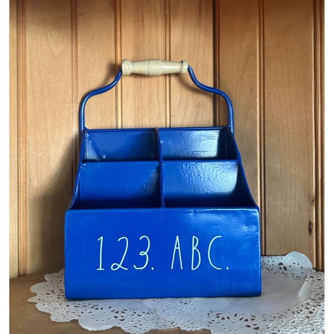 Rae Dunn Blue Metal Organizer Kids Art Caddy Handle Home Office ...
