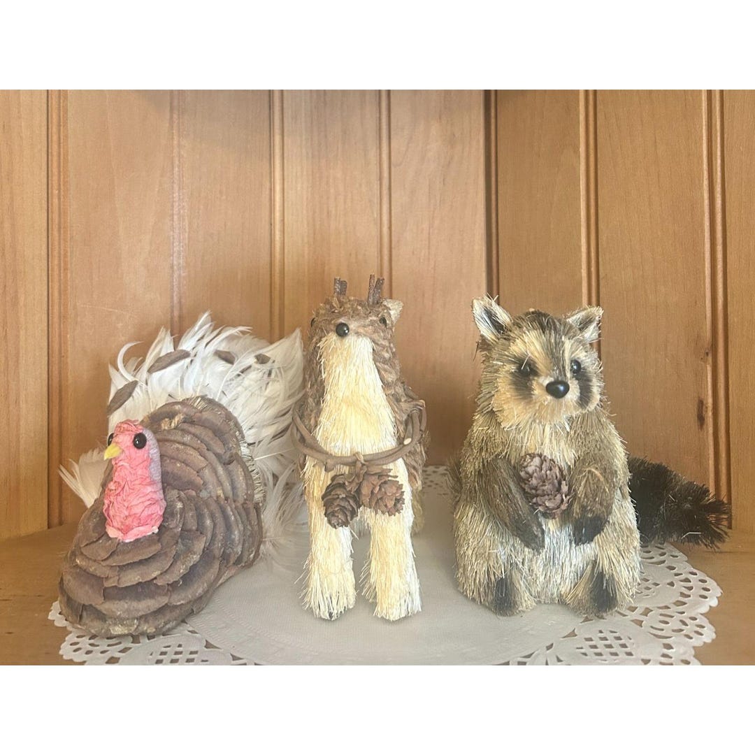 Rustic Woodland Animal Figurines: Pinecone Turkey, Straw Deer, Raccoon ...