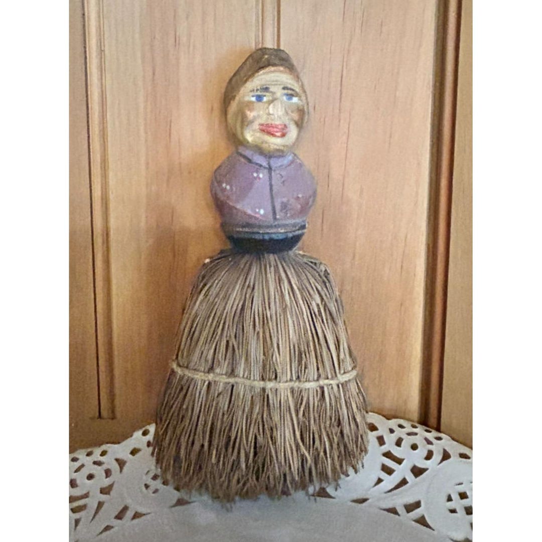 Antique Hand Carved Wood Whisk Broom Rustic Primitive Hand Painted ...