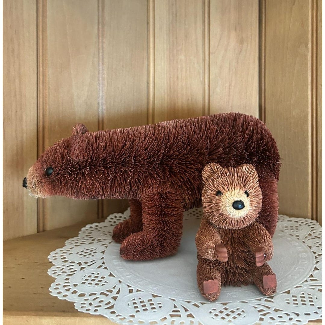 Vintage MCM Brown Bristle Bear & Cub Figurines Handmade Rustic Woodland ...
