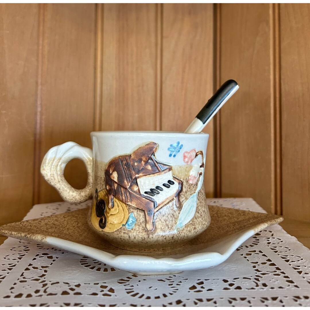 Vintage Three Piece Teacup Plate Spoon Ceramic Pottery Music Piano Set ...