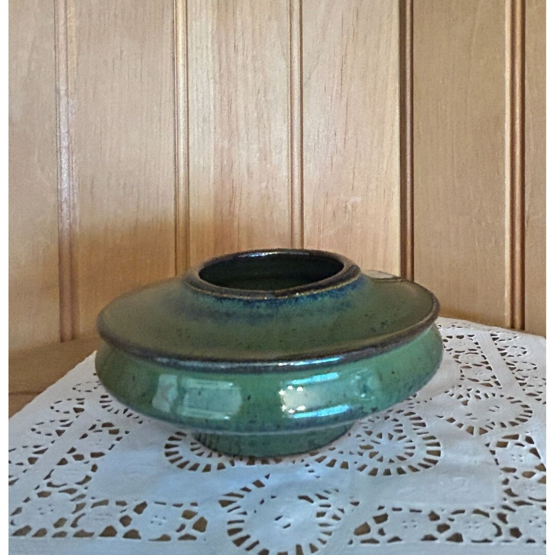 Handcrafted Teal Green Ikebana Kenzen Low Ceramic Pottery Vase Artist ...