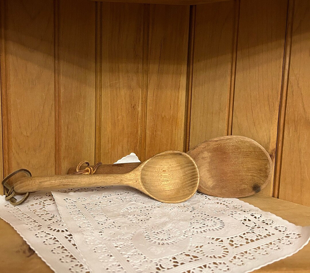 Set of 2 Vintage Hand Carved Rustic Primitive Wood Spoons Leather ...