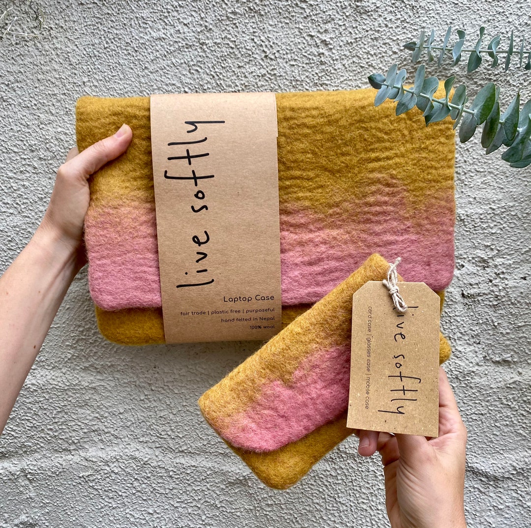 Hand Felted Wool Laptop Case - Ochre & Pink Ombre - Sizes: Small/medium ...
