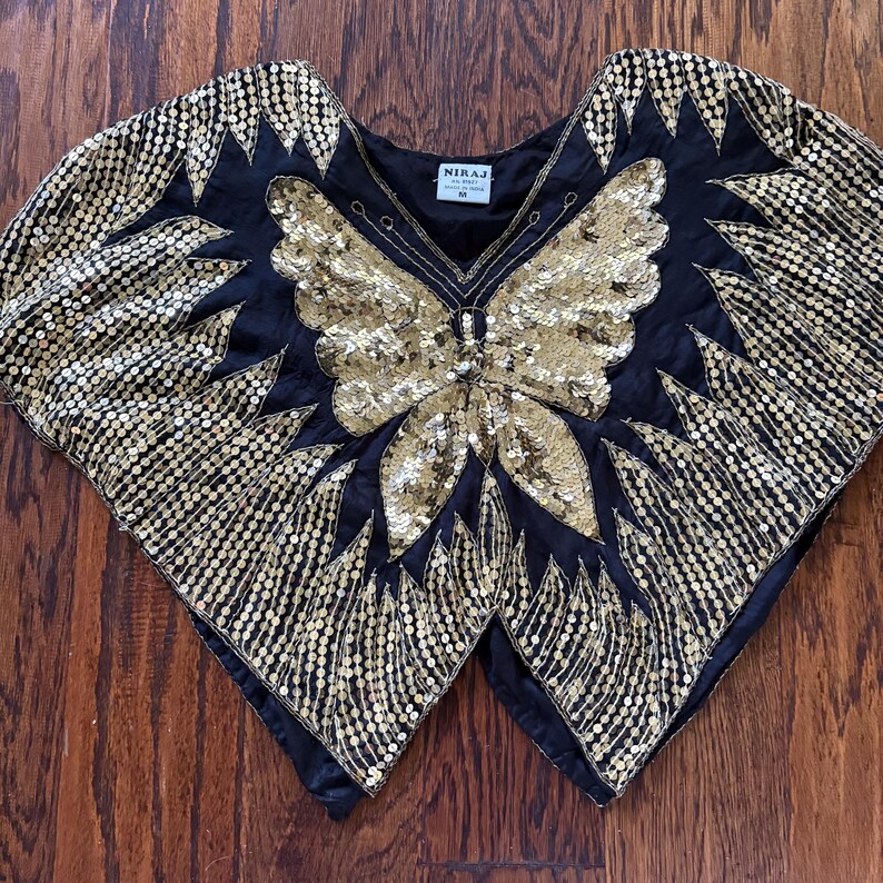 Vintage NIRAJ Silk Sequin Butterfly Blouse Top Black Gold Batwing ...