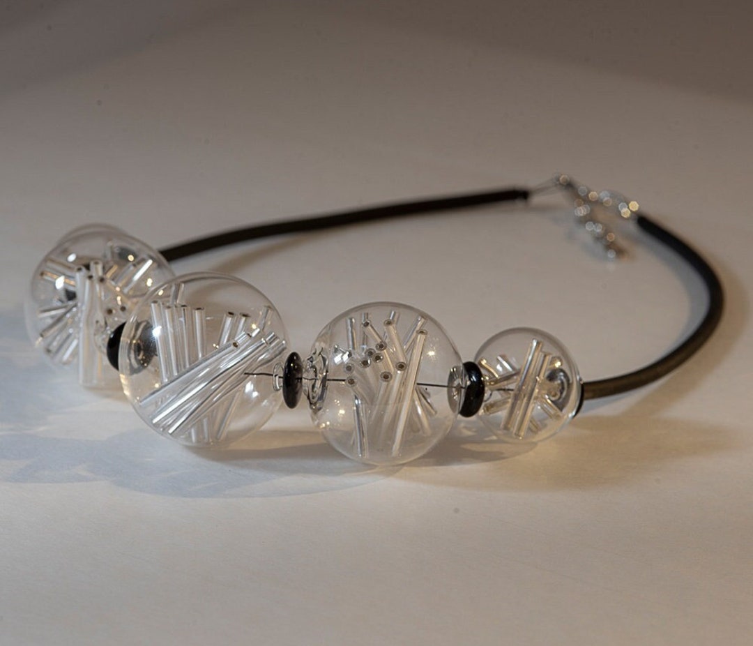 Blown Glass Necklace Glass Bubbles Spheres - Transparent Beads - Statement Necklace - Silver ...