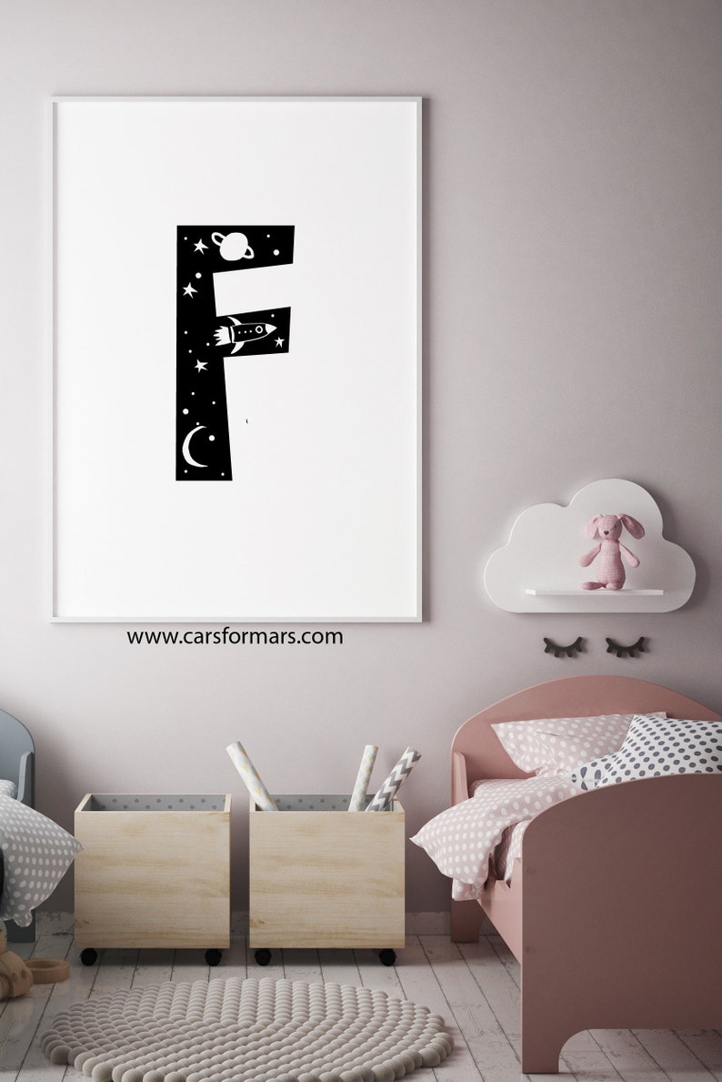 Space Themed Letter F Print Featuring Rocket in Black and White for ...