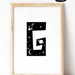 Space Themed Letter G Print for Toddler Room Decor Featuring Rocket in ...