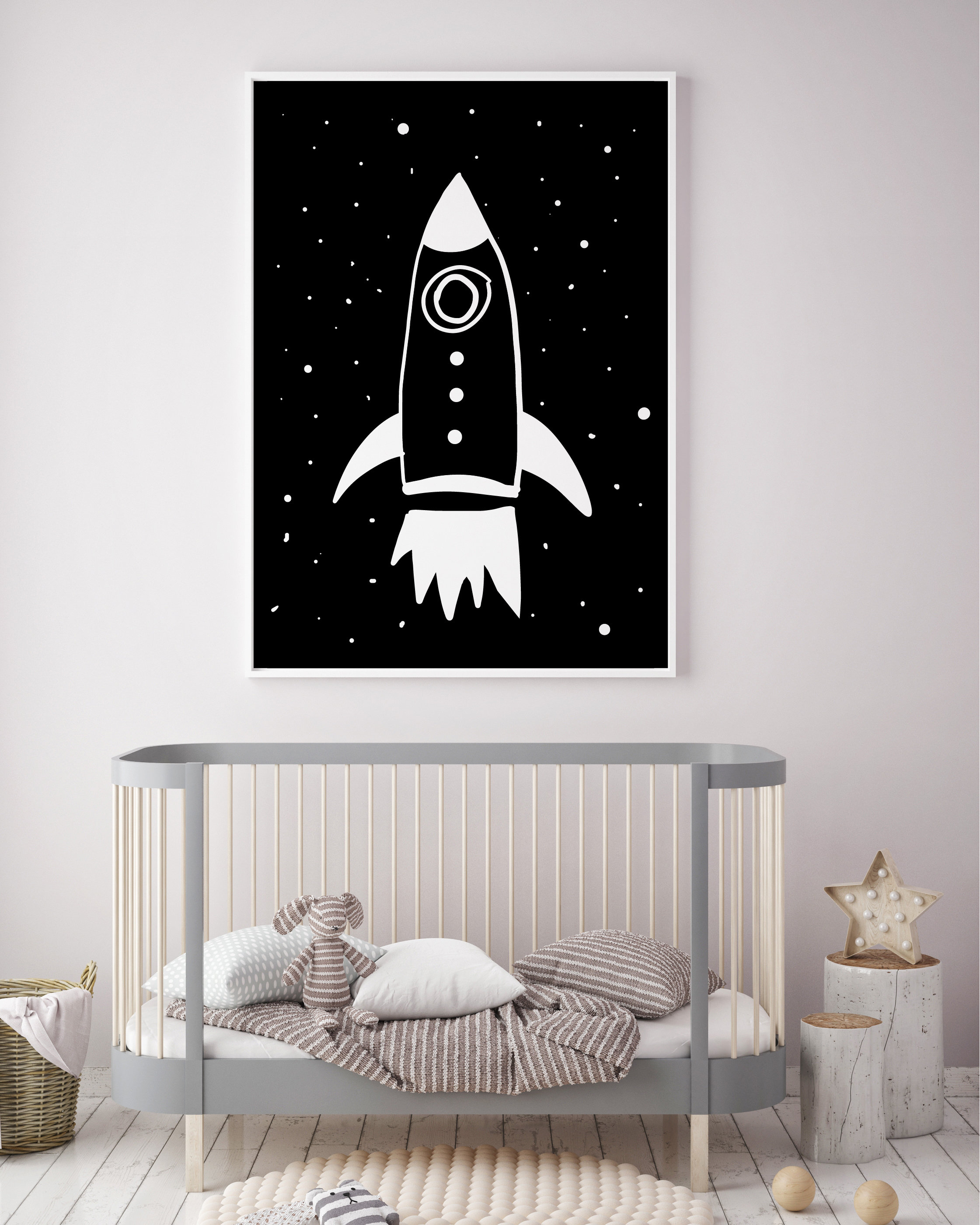 Rocket Print in Black and White for Space Themed Toddler Boy Room Decor ...