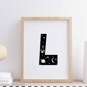 Space Themed Letter L Print for Toddler Room Decor Featuring Rocket in ...