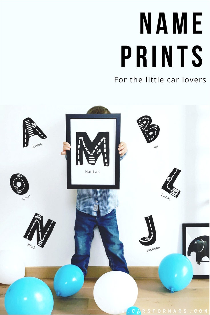 Car Themed Baby Name Printable Black and White Nursery Prints - Etsy