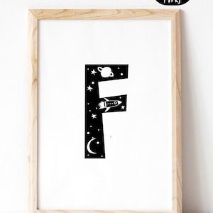 Space Themed Letter F Print Featuring Rocket in Black and White for ...
