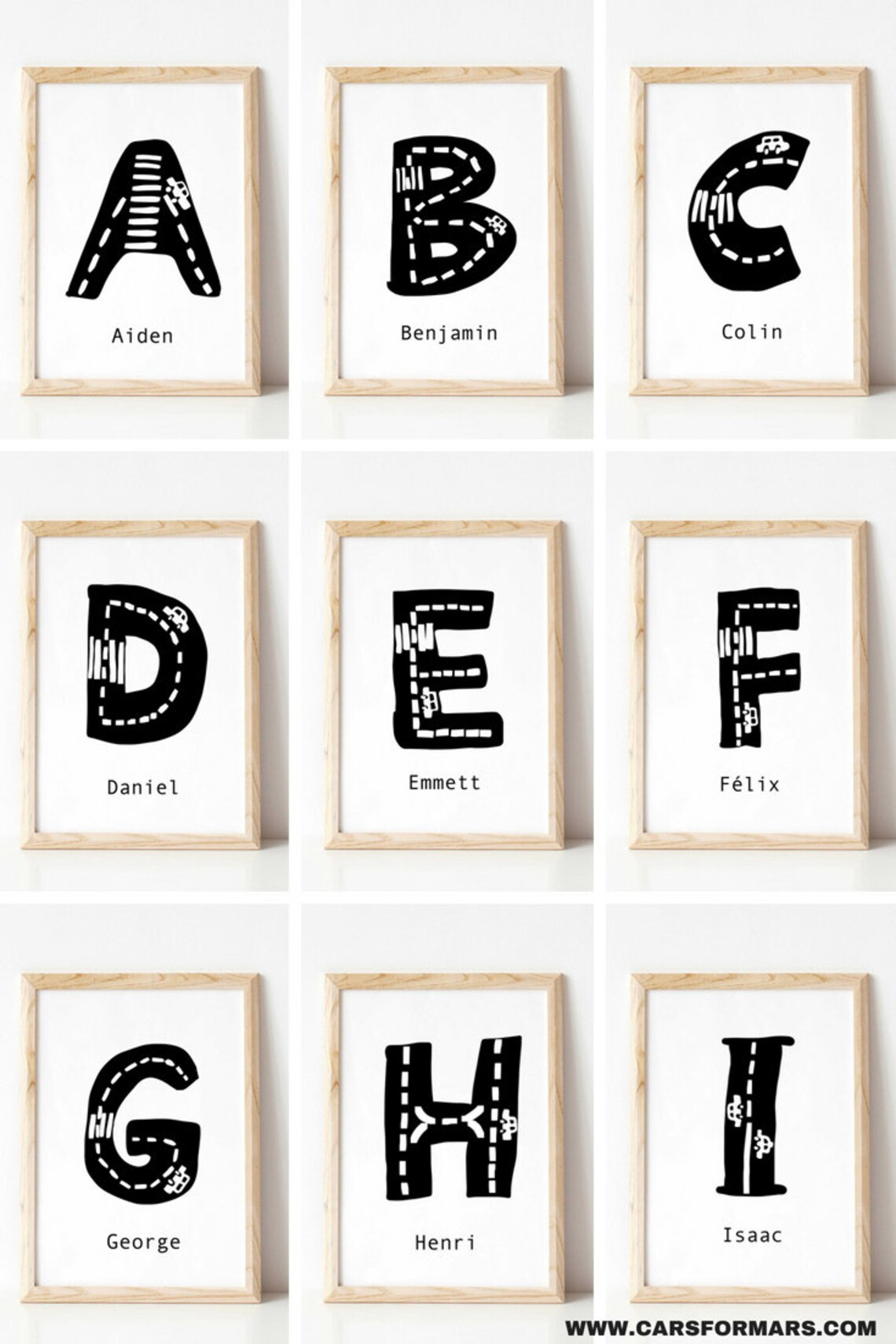 Car Themed Baby Name Printable Black and White Nursery Prints - Etsy