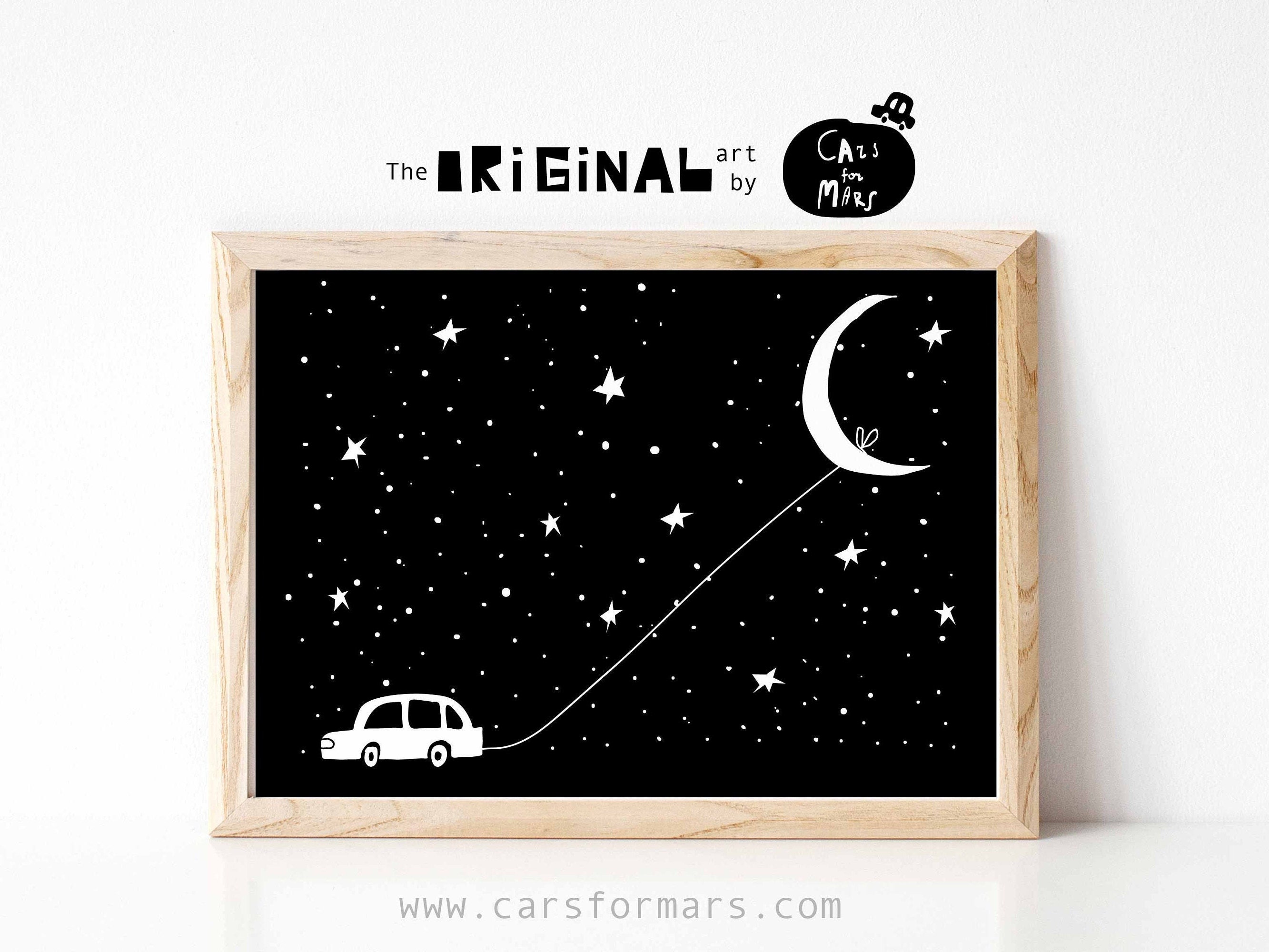 The Moon and Car Horizontal Print for Boys Room Decor in Black and ...